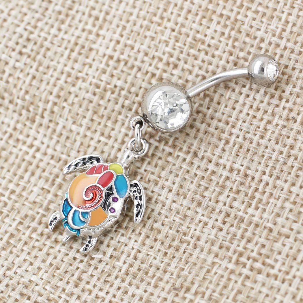 Excepro 14G(1.6mm) Multicolor Sea Turtle Curved Barbell Dangle Belly Button Ring 316L Stainless Steel