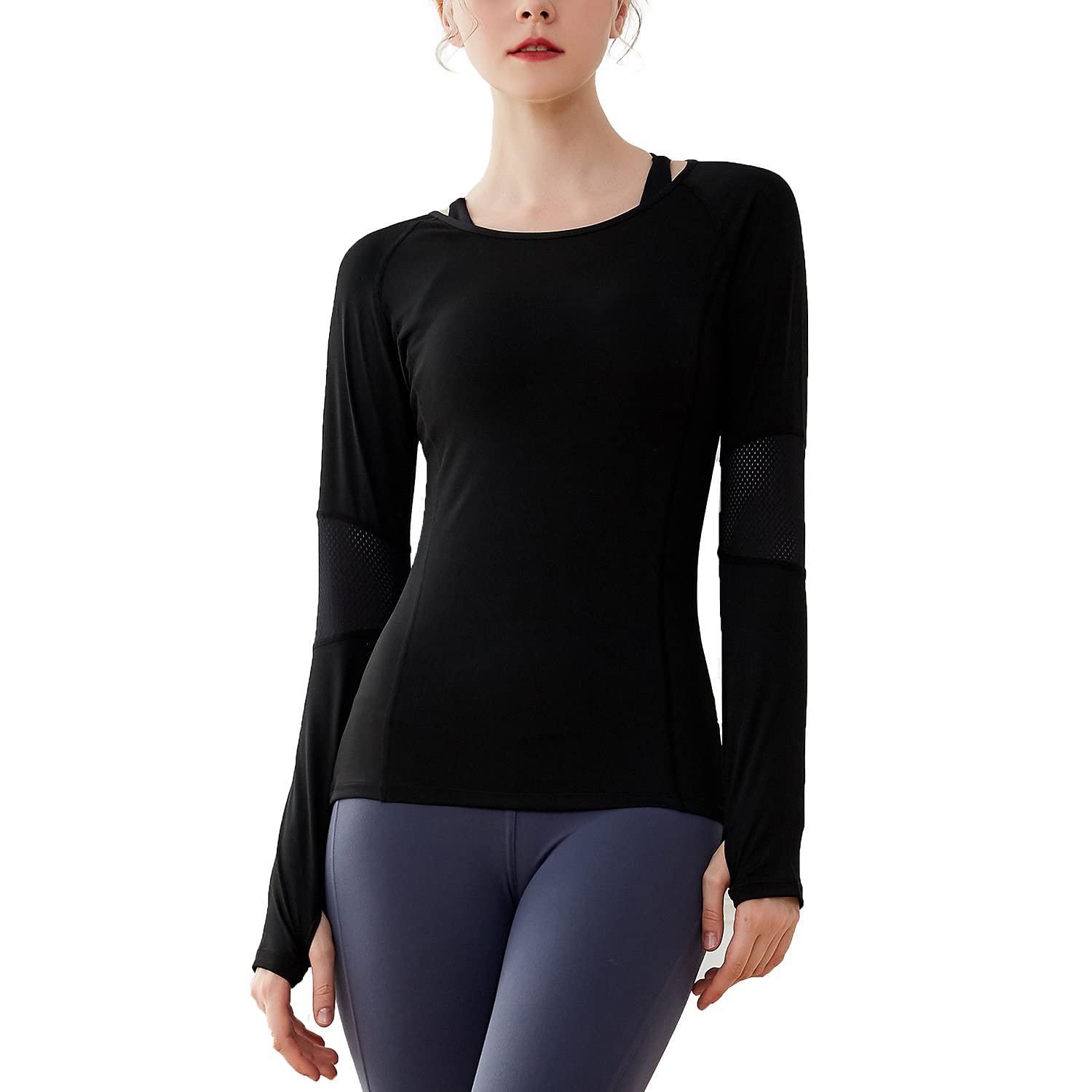 DREAM SLIM Women Long Sleeve Workout Shirts UPF50+ Sun Protection Mesh Back Yoga Gym Outdoor Fishing Hiking T-Shirt Black