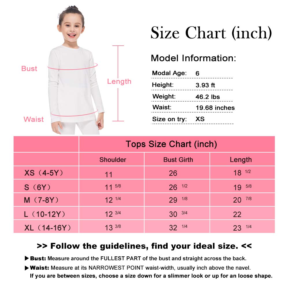 MANCYFIT Thermal Tops for Girls Fleece Lined Underwear Long Sleeve Undershirts Baselayer White Small