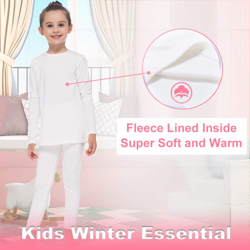 MANCYFIT Thermal Tops for Girls Fleece Lined Underwear Long Sleeve Undershirts Baselayer White Small