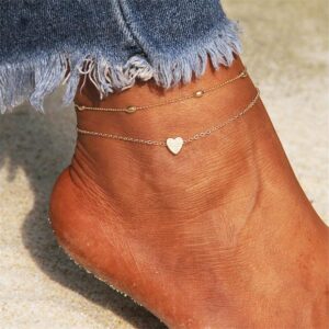 Fesciory Women Heart Anklet Adjustable Beach Layered Ankle Bracelets for Women Gold Alloy Foot Chain Jewelry (Gold Heart)