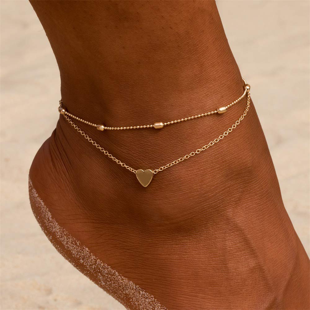 Fesciory Women Heart Anklet Adjustable Beach Layered Ankle Bracelets for Women Gold Alloy Foot Chain Jewelry (Gold Heart)