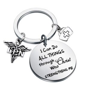 lqri lpn gift lpn licensed practical nurse gift i can do all things through christ who strengthens me keychain medical caduceus gift for lpn (sliver)