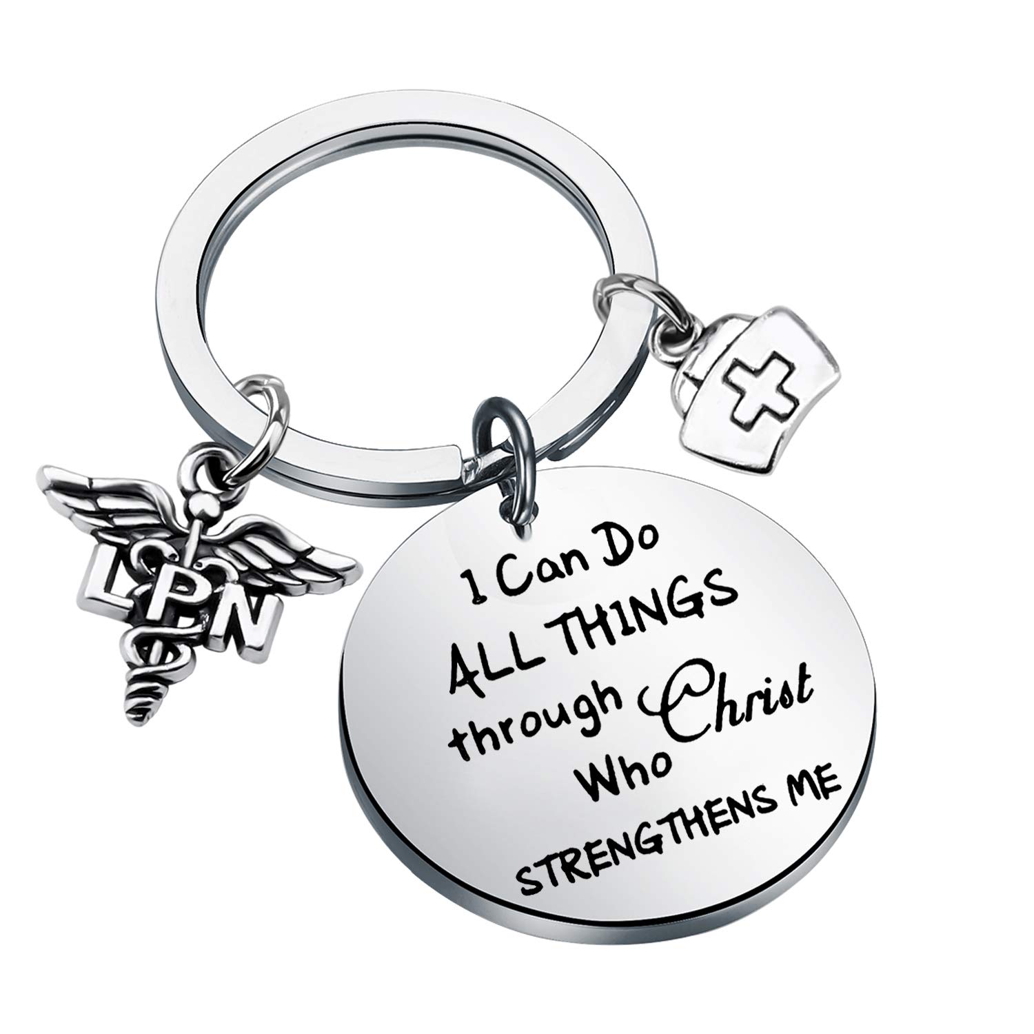 LQRI LPN Gift LPN Licensed Practical Nurse Gift I Can Do All Things Through Christ Who Strengthens Me Keychain Medical Caduceus Gift for LPN (Sliver)