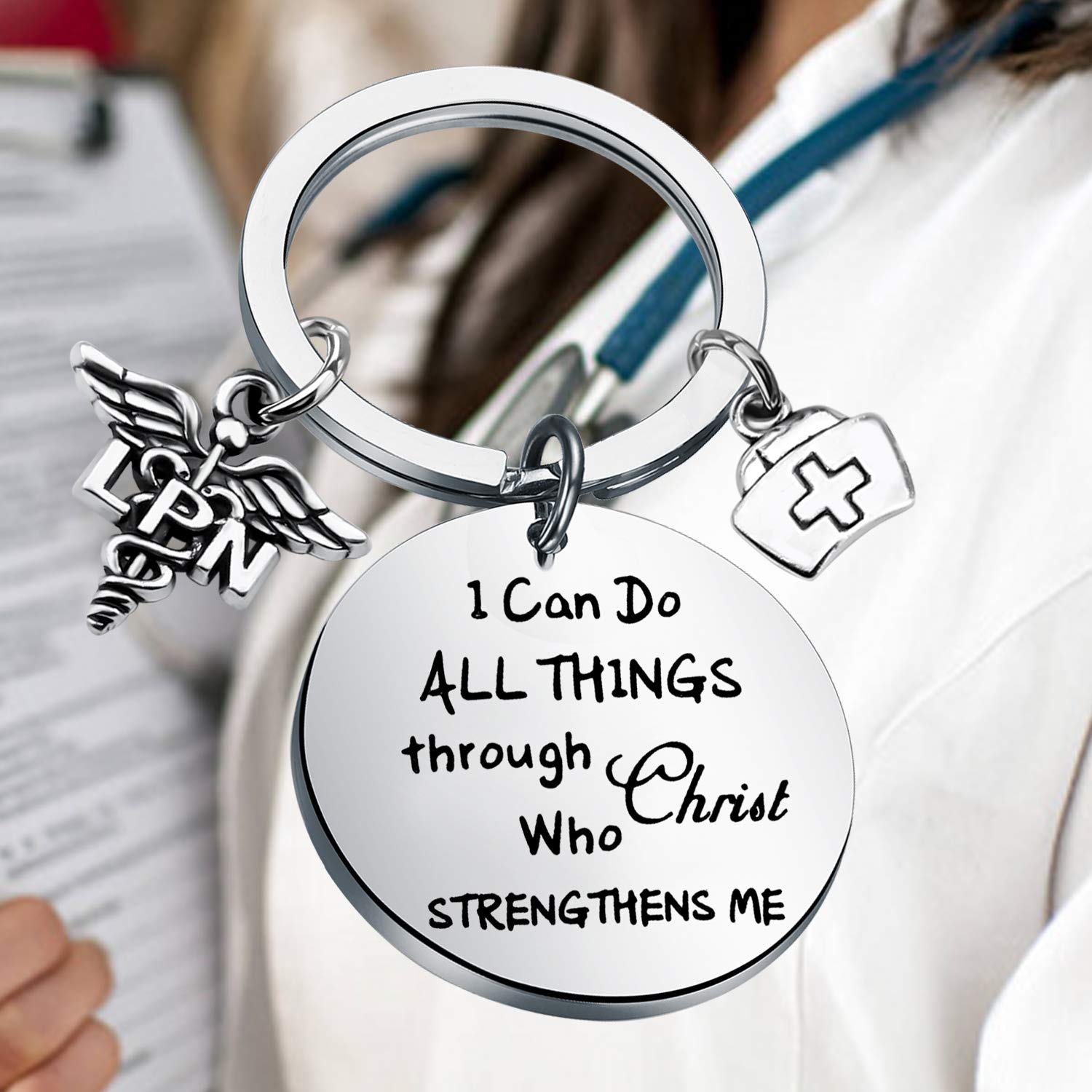 LQRI LPN Gift LPN Licensed Practical Nurse Gift I Can Do All Things Through Christ Who Strengthens Me Keychain Medical Caduceus Gift for LPN (Sliver)