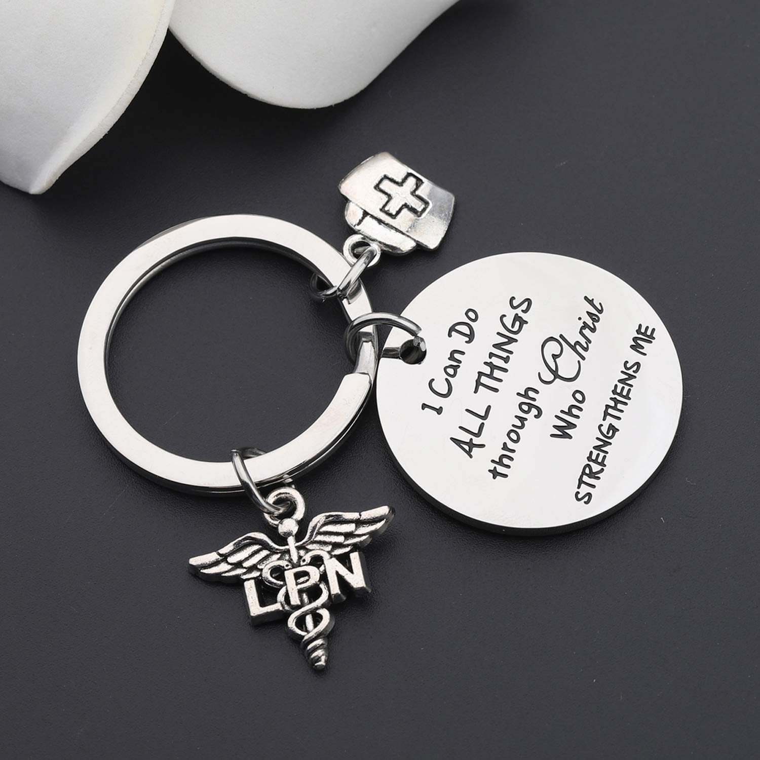 LQRI LPN Gift LPN Licensed Practical Nurse Gift I Can Do All Things Through Christ Who Strengthens Me Keychain Medical Caduceus Gift for LPN (Sliver)