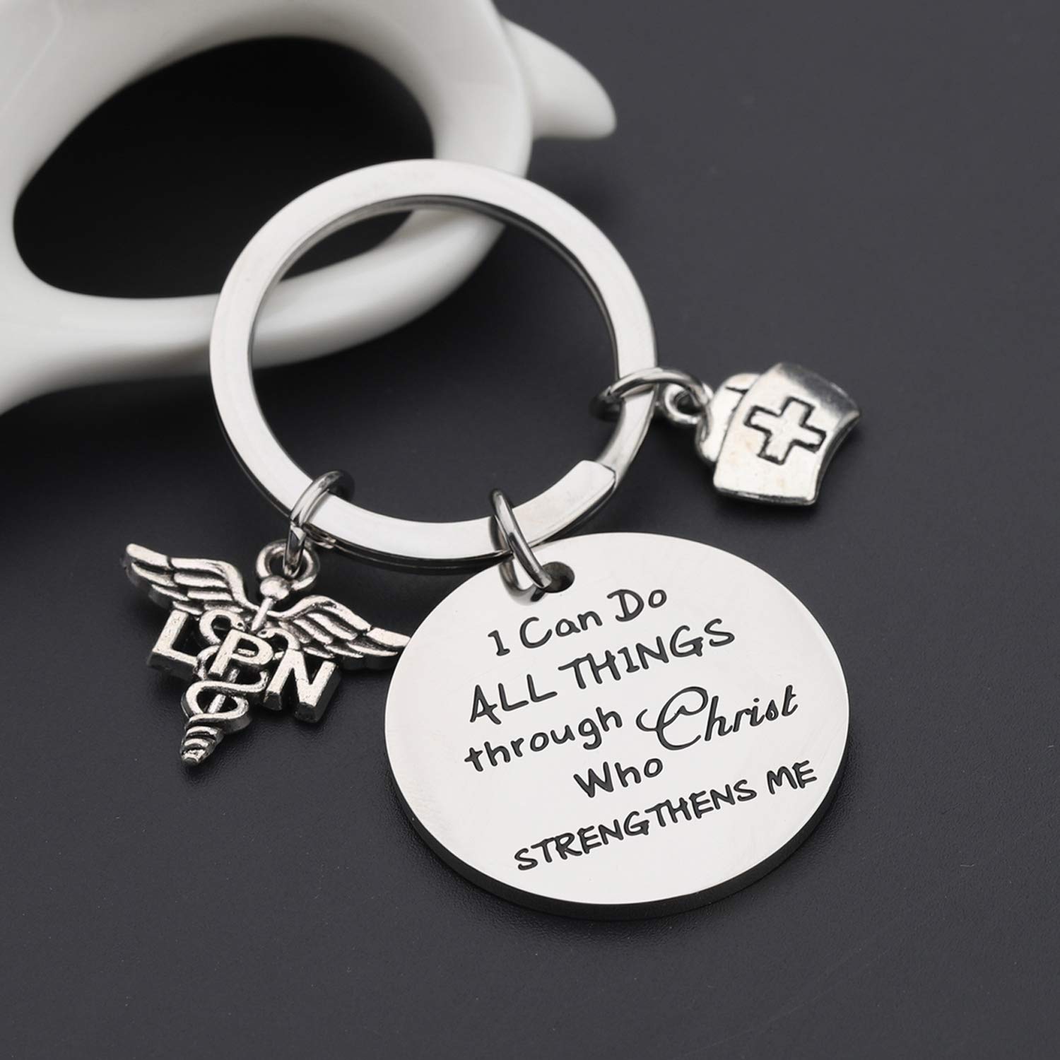 LQRI LPN Gift LPN Licensed Practical Nurse Gift I Can Do All Things Through Christ Who Strengthens Me Keychain Medical Caduceus Gift for LPN (Sliver)