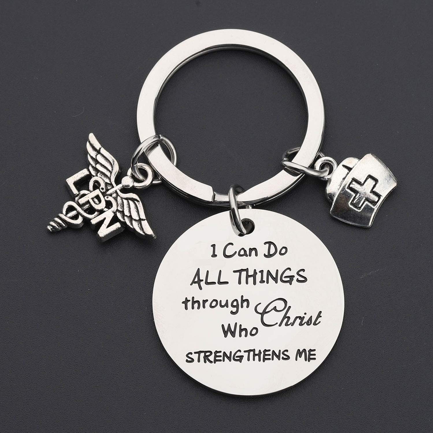 LQRI LPN Gift LPN Licensed Practical Nurse Gift I Can Do All Things Through Christ Who Strengthens Me Keychain Medical Caduceus Gift for LPN (Sliver)