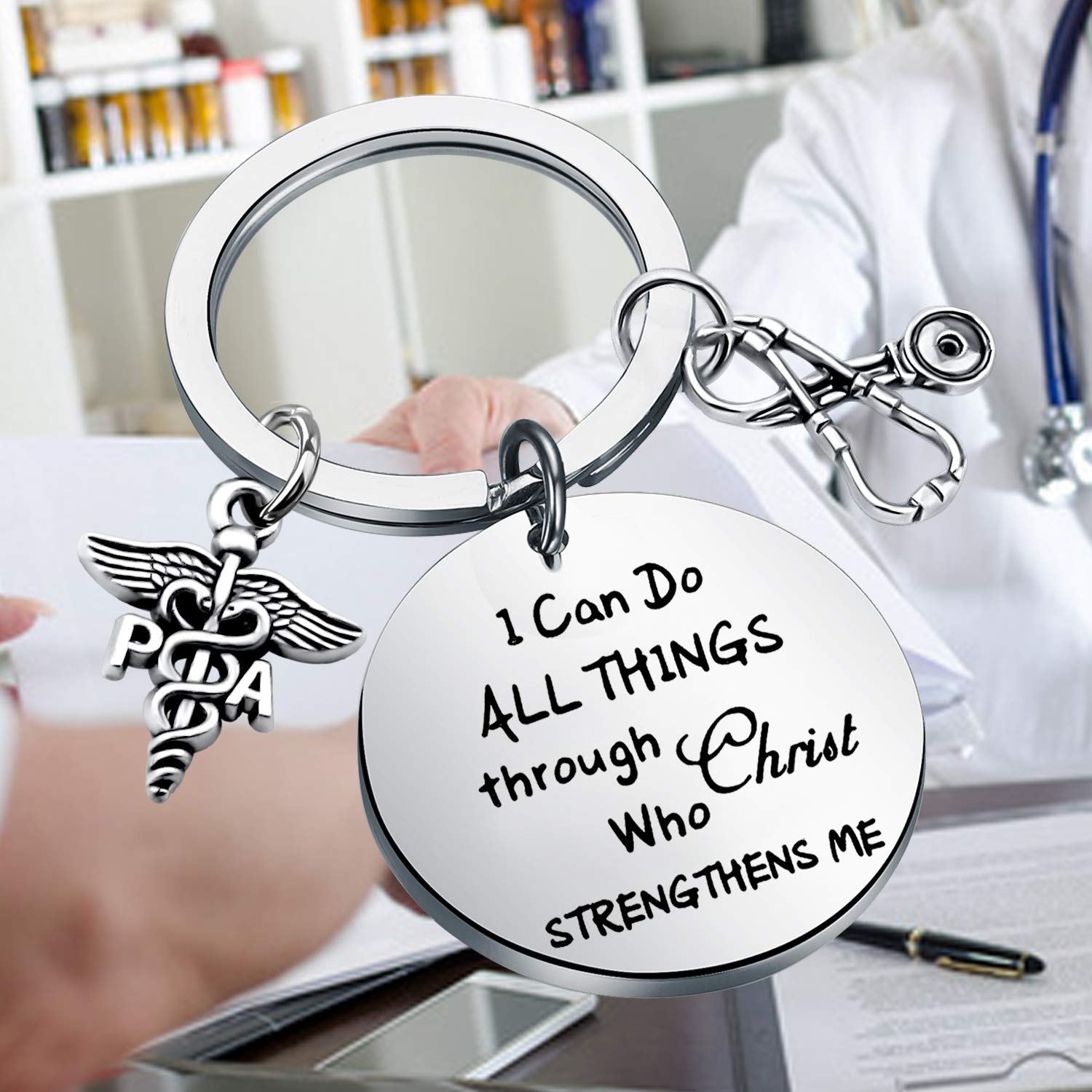 LQRI Physician Assistant Gift PA Gift I Can Do All Things Through Christ Who Strengthens Me PA Keychain PA Student Gifts Medical School Graduation Gift (sliver)