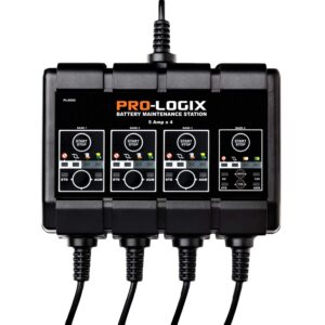 clore automotive pl4050, pro-logix 4-bank, 20-amp (5-amp per bank) fully-automatic smart charger, 6v and 12v battery charger, battery maintainer, and battery desulfator with temperature compensation