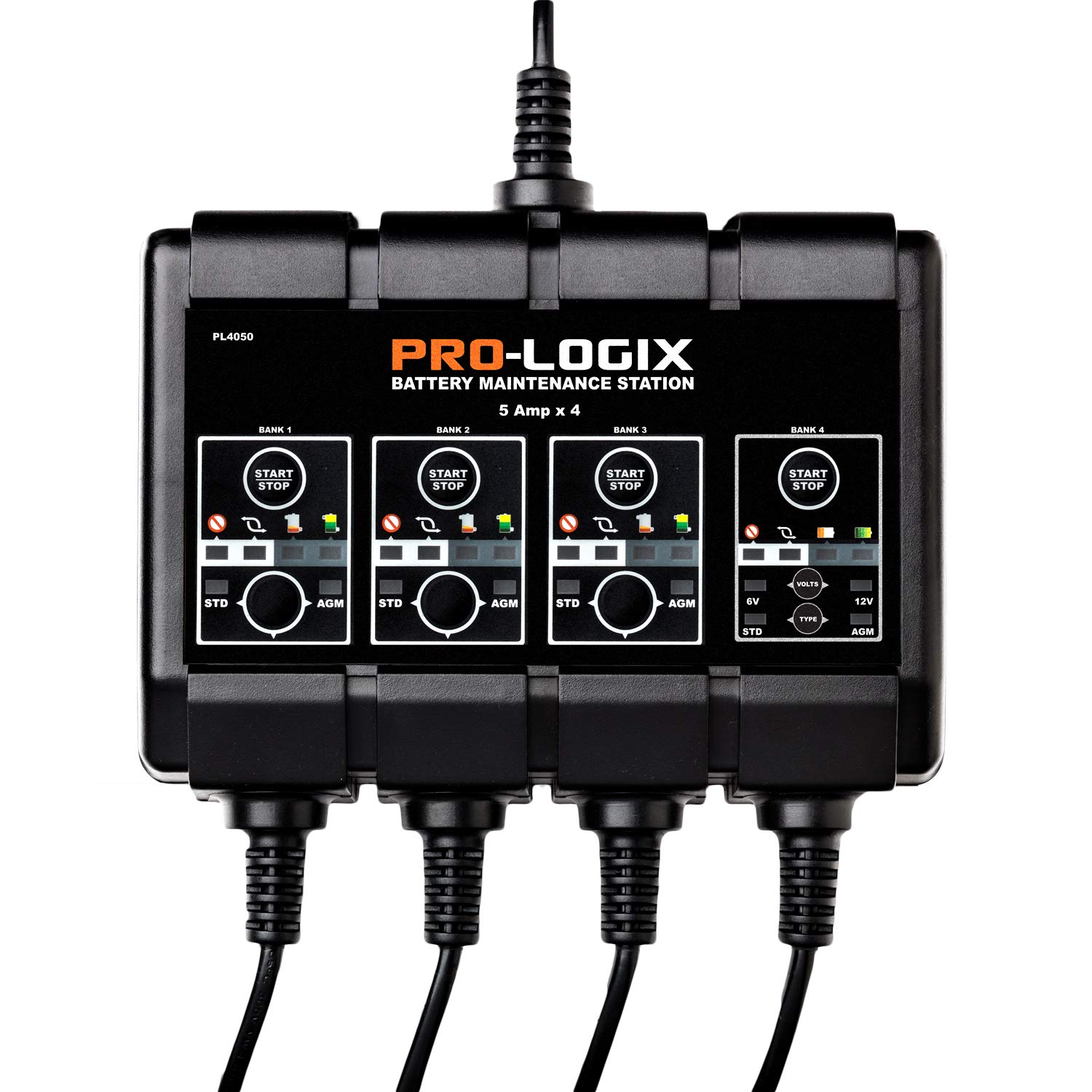 Clore Automotive PL4050, Pro-Logix 4-Bank, 20-Amp (5-Amp Per Bank) Fully-Automatic Smart Charger, 6V and 12V Battery Charger, Battery Maintainer, and Battery Desulfator with Temperature Compensation