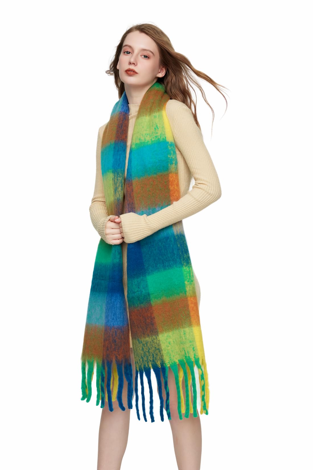 Yatemiole Women's Cashmere Big Coloured Checked Scarf Winter Warm Wrap Scarf (Pattern - 3)