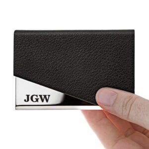 aurelie & george personalized business card holder - elegant and slim card case - custom engraved card carrier for men and women - made from leatherette and stainless steel