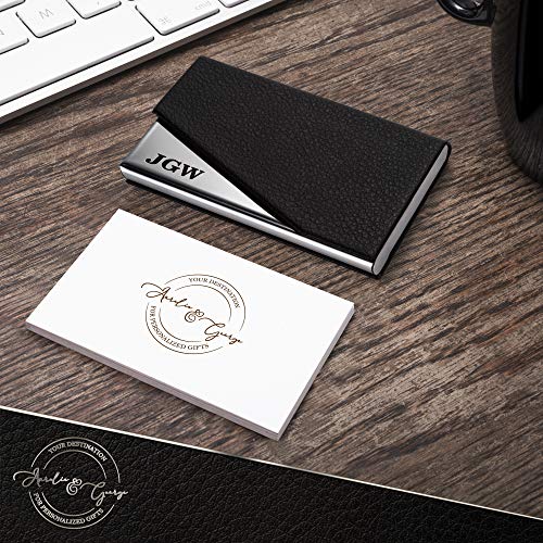 Aurelie & George Personalized Business Card Holder - Elegant and Slim Card Case - Custom Engraved Card Carrier for Men and Women - Made from Leatherette and Stainless Steel