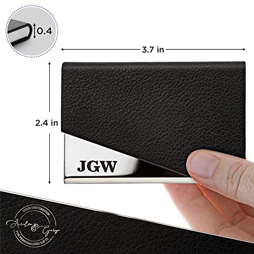 Aurelie & George Personalized Business Card Holder - Elegant and Slim Card Case - Custom Engraved Card Carrier for Men and Women - Made from Leatherette and Stainless Steel