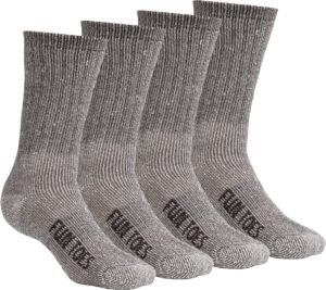 fun toes men's 70% merino wool crew socks 4 pack midweight arch support fully cushioned ideal for hiking (brown, mens 10-13)