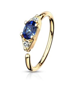 forbidden body jewelry 20g 8mm double cz w/oval blue cz centered on bendable 14k gold plated surgical steel nose/rook/helix hoop