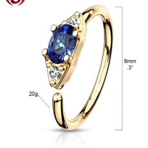 Forbidden Body Jewelry 20g 8mm Double CZ w/Oval Blue CZ Centered on Bendable 14k Gold Plated Surgical Steel Nose/Rook/Helix Hoop