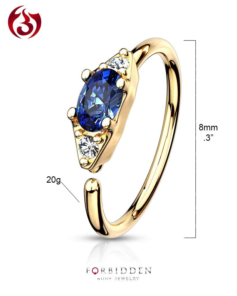 Forbidden Body Jewelry 20g 8mm Double CZ w/Oval Blue CZ Centered on Bendable 14k Gold Plated Surgical Steel Nose/Rook/Helix Hoop