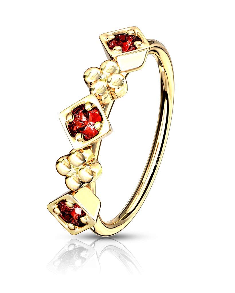 Forbidden Body Jewelry 20g 8mm 14k Gold Plated Surgical Steel Bendable Nose/Rook/Helix Hoop Featuring Red CZ & Floral Design