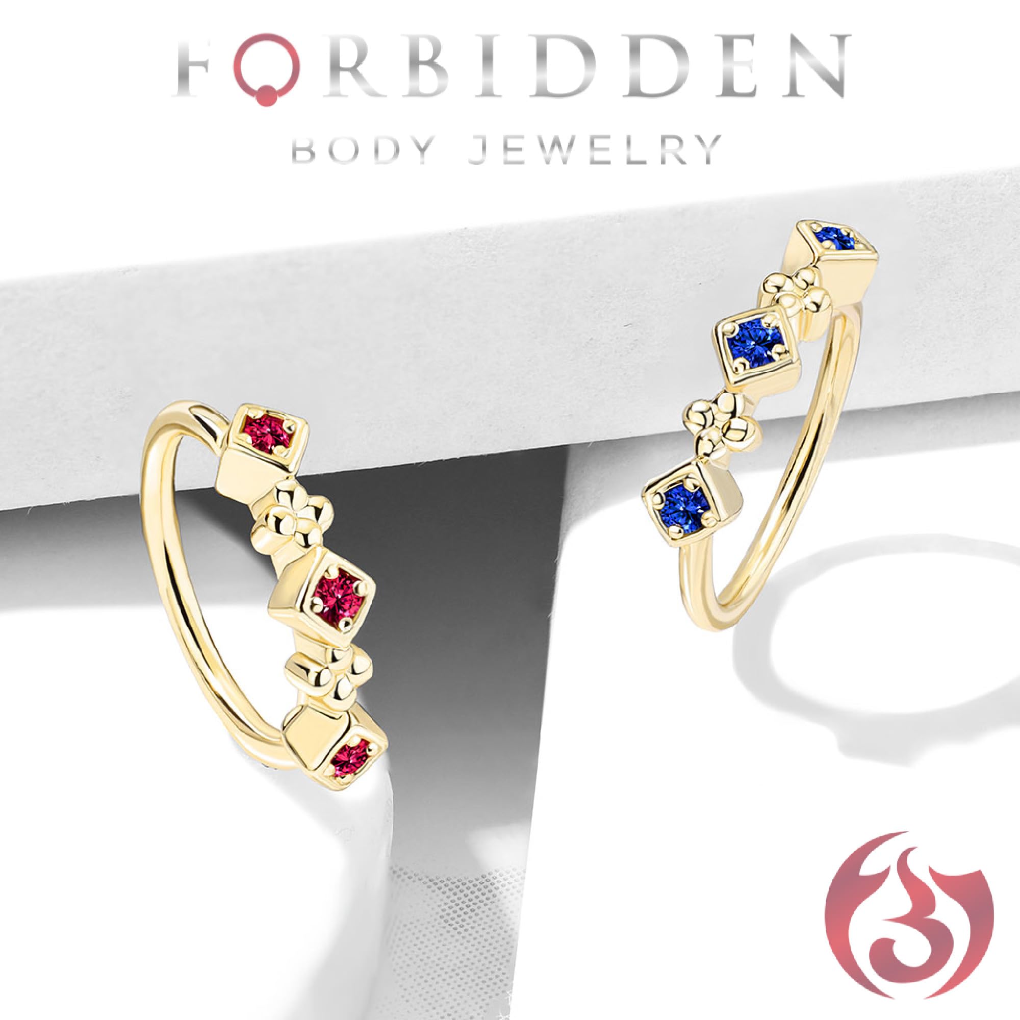 Forbidden Body Jewelry 20g 8mm 14k Gold Plated Surgical Steel Bendable Nose/Rook/Helix Hoop Featuring Red CZ & Floral Design