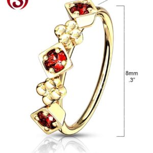 Forbidden Body Jewelry 20g 8mm 14k Gold Plated Surgical Steel Bendable Nose/Rook/Helix Hoop Featuring Red CZ & Floral Design