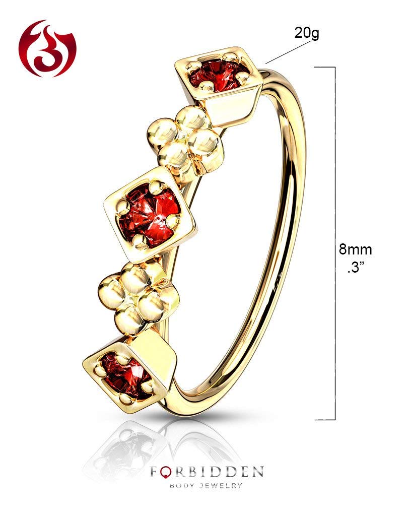 Forbidden Body Jewelry 20g 8mm 14k Gold Plated Surgical Steel Bendable Nose/Rook/Helix Hoop Featuring Red CZ & Floral Design