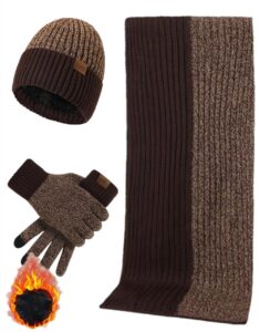 winter knit beanie hat neck warmer scarf and touch screen gloves set 3 pcs fleece lined skull cap for men women (brown)