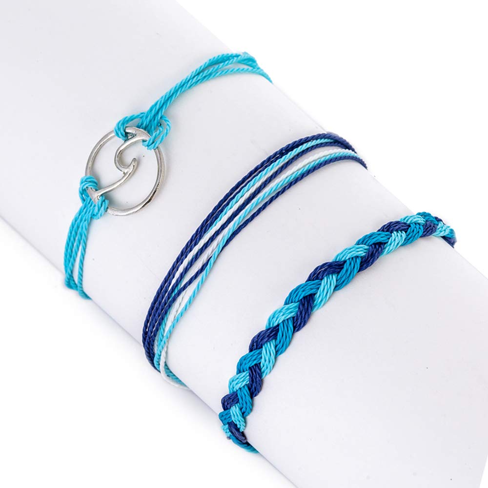 kelistom Handmade Braided Wax Rope Adjustable Strand Wrap Bracelet Set Waterproof Wave Shell Charm Stretch Knot String Thread Bracelets Friendship Jewelry