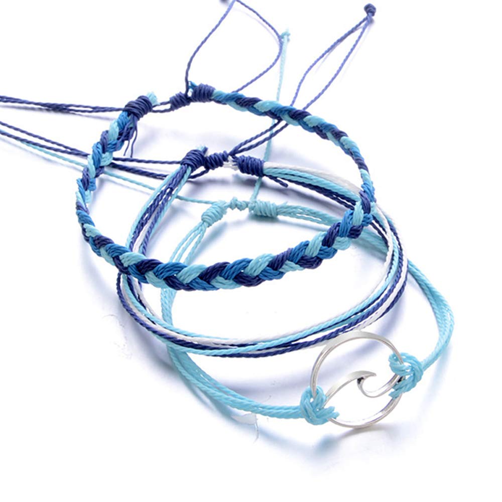 kelistom Handmade Braided Wax Rope Adjustable Strand Wrap Bracelet Set Waterproof Wave Shell Charm Stretch Knot String Thread Bracelets Friendship Jewelry