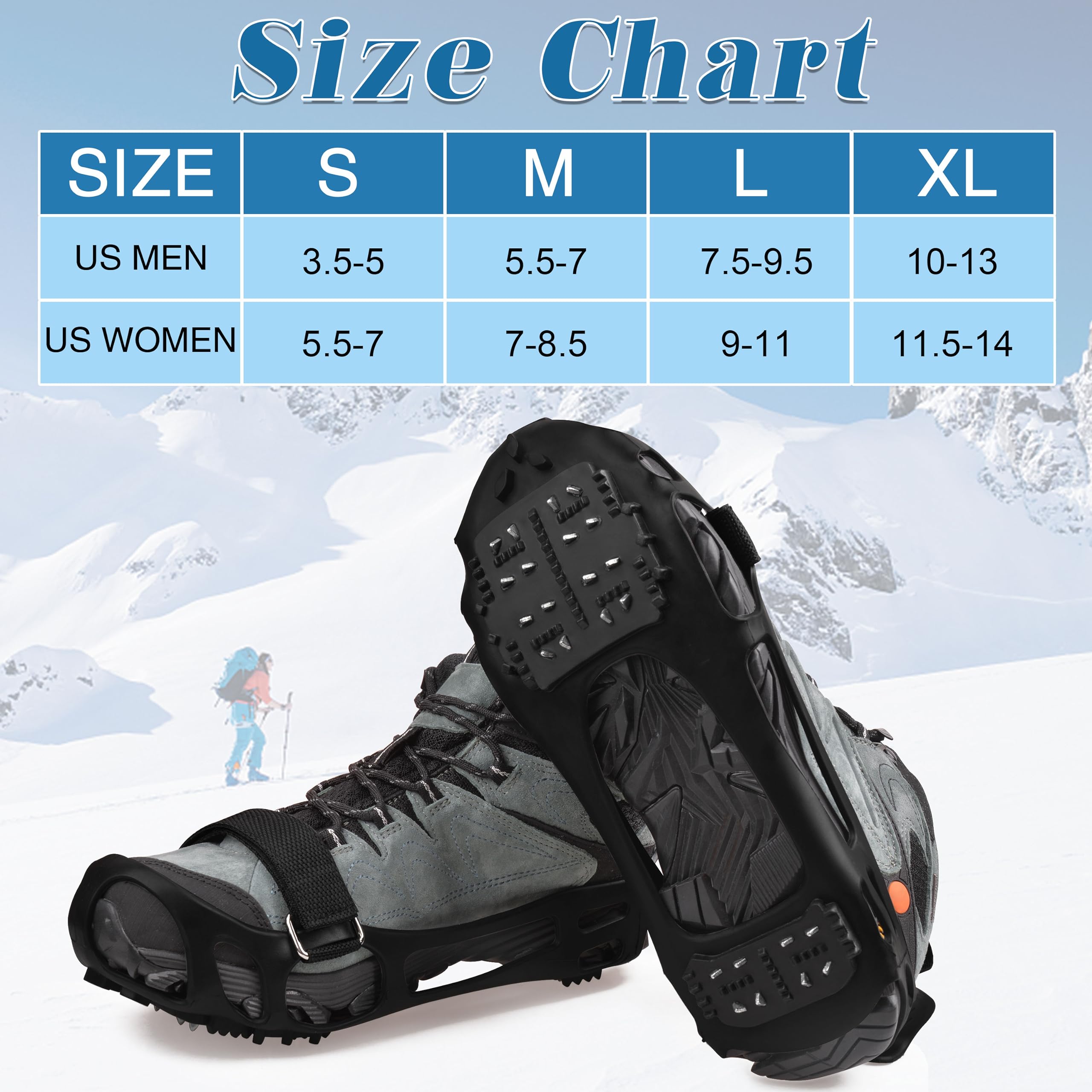 Ice Cleats Snow Traction Cleats Crampons for Walking on Snow and Ice Non-Slip Overshoe with Removable Straps Rubber Anti Slip Crampons Slip-on Stretch Footwear