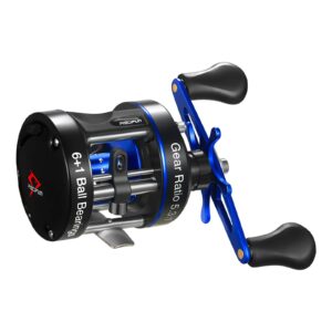 piscifun chaos xs baitcasting fishing reel, reinforced metal body round baitcaster reel, smooth powerful saltwater inshore surf trolling reel, conventional reel for catfish (40 left handed)