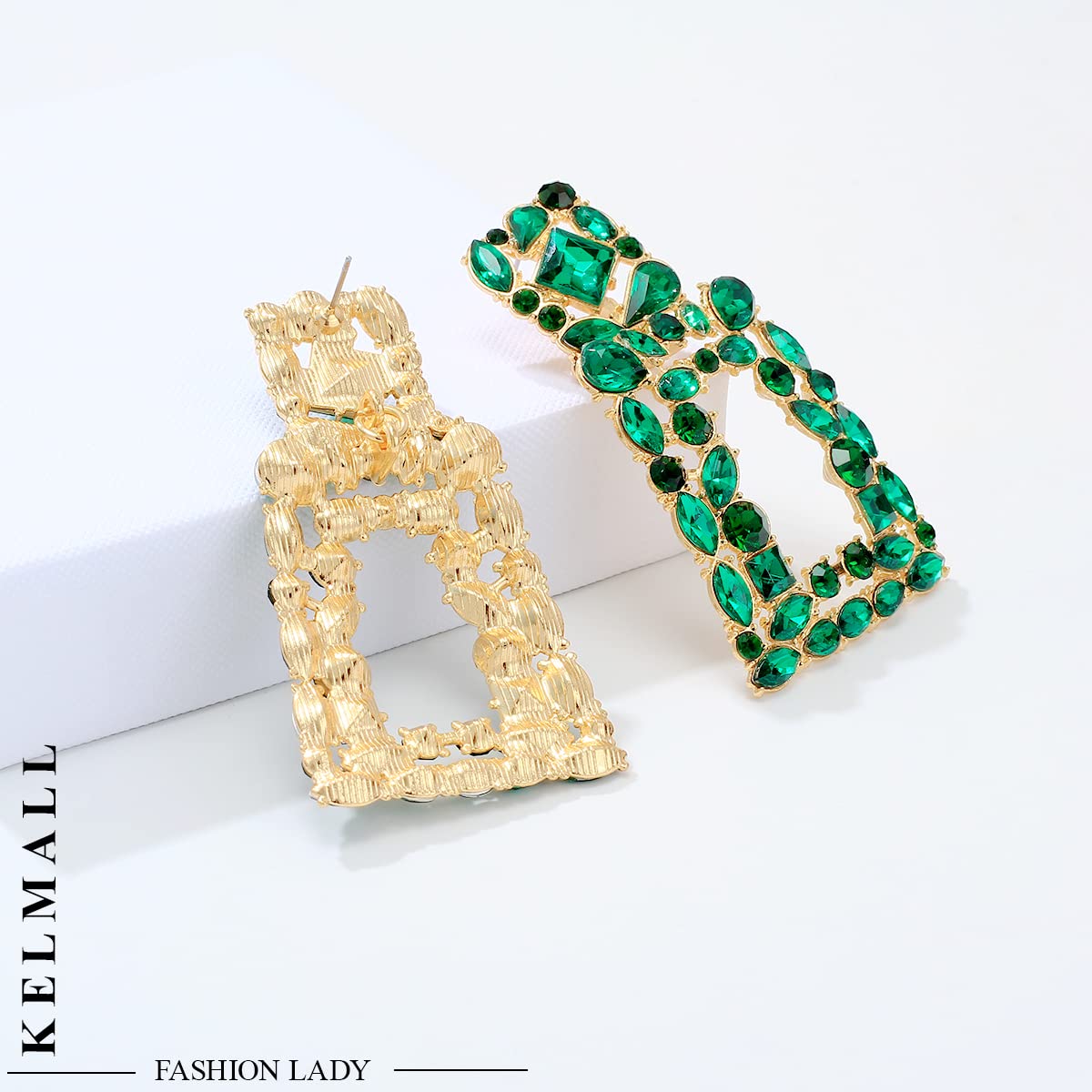 KELMALL Elegant Rhinestone Rectangle Dangle Earrings for Women - Sparkly Crystal Geometric Drop Statement Jewelry