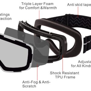 TurnWay OTG Ski/Snowboard Goggles - 100% UV Protection, Anti-Scratch & Anti-Fog - Snow Goggles for Men, Women & Youth