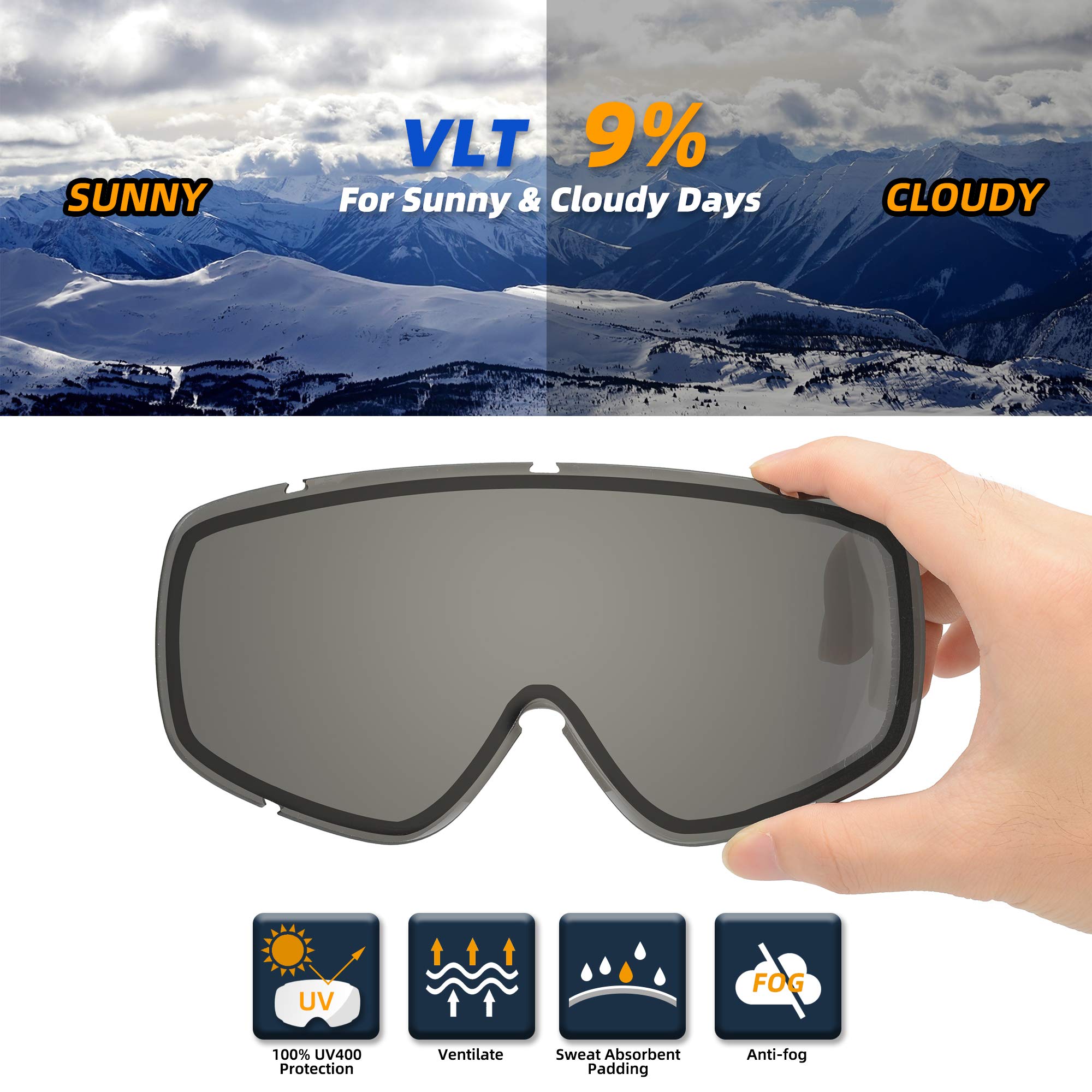 TurnWay OTG Ski/Snowboard Goggles - 100% UV Protection, Anti-Scratch & Anti-Fog - Snow Goggles for Men, Women & Youth