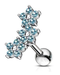 forbidden body jewelry 16g 6mm surgical steel stud for cartilage, tragus, & more w/triple crystal floral cluster, aqua