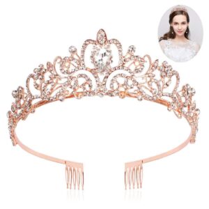 araluky crystal tiara crown headband princess elegant tiara with combs for women young ladies bridal wedding prom birthday party, rose gold