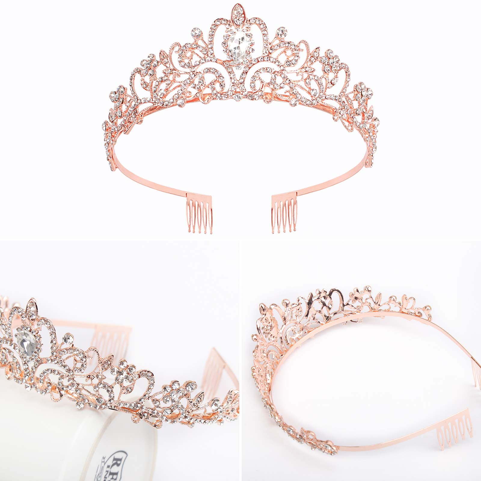 Araluky Crystal Tiara Crown Headband Princess Elegant Tiara with Combs for Women Young Ladies Bridal Wedding Prom Birthday Party, Rose Gold