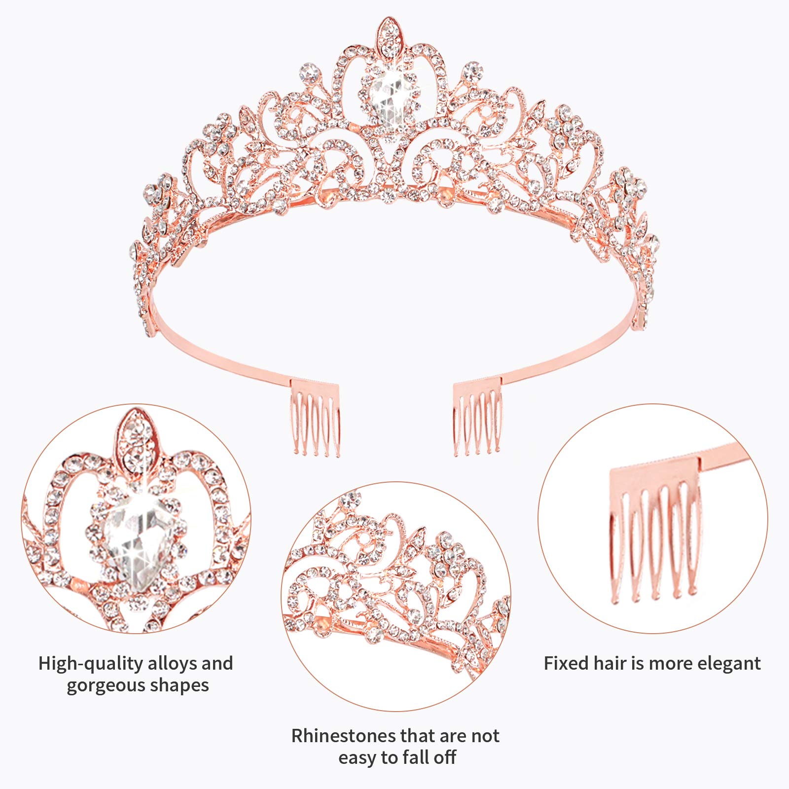 Araluky Crystal Tiara Crown Headband Princess Elegant Tiara with Combs for Women Young Ladies Bridal Wedding Prom Birthday Party, Rose Gold