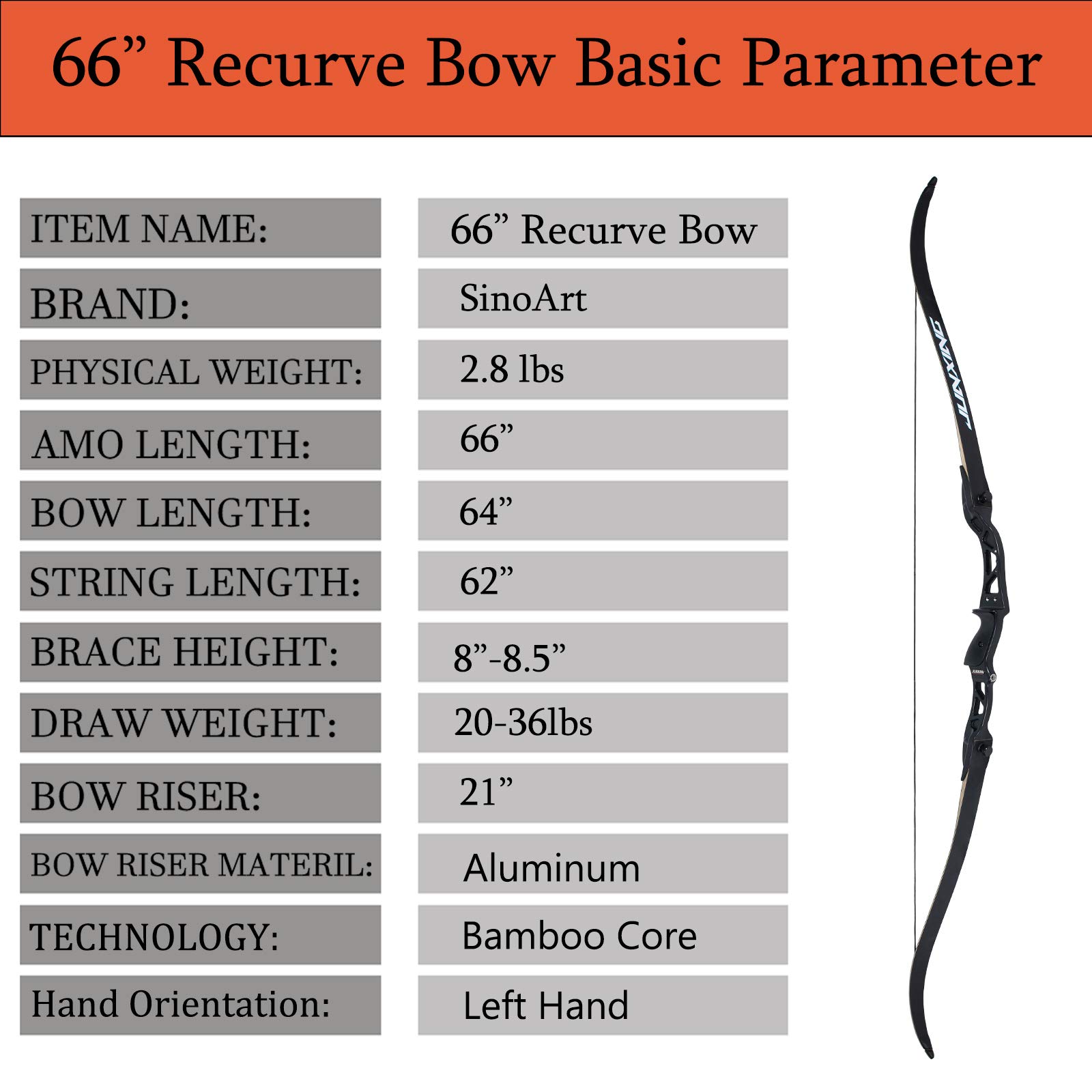 SinoArt 66" Metal Riser Takedown Recurve Bow Adult Archery Competition Athletic Bow Weights 20 22 24 26 28 30 32 34 36 LB Right Handed Archery Kit(36Lbs, Left Hand)