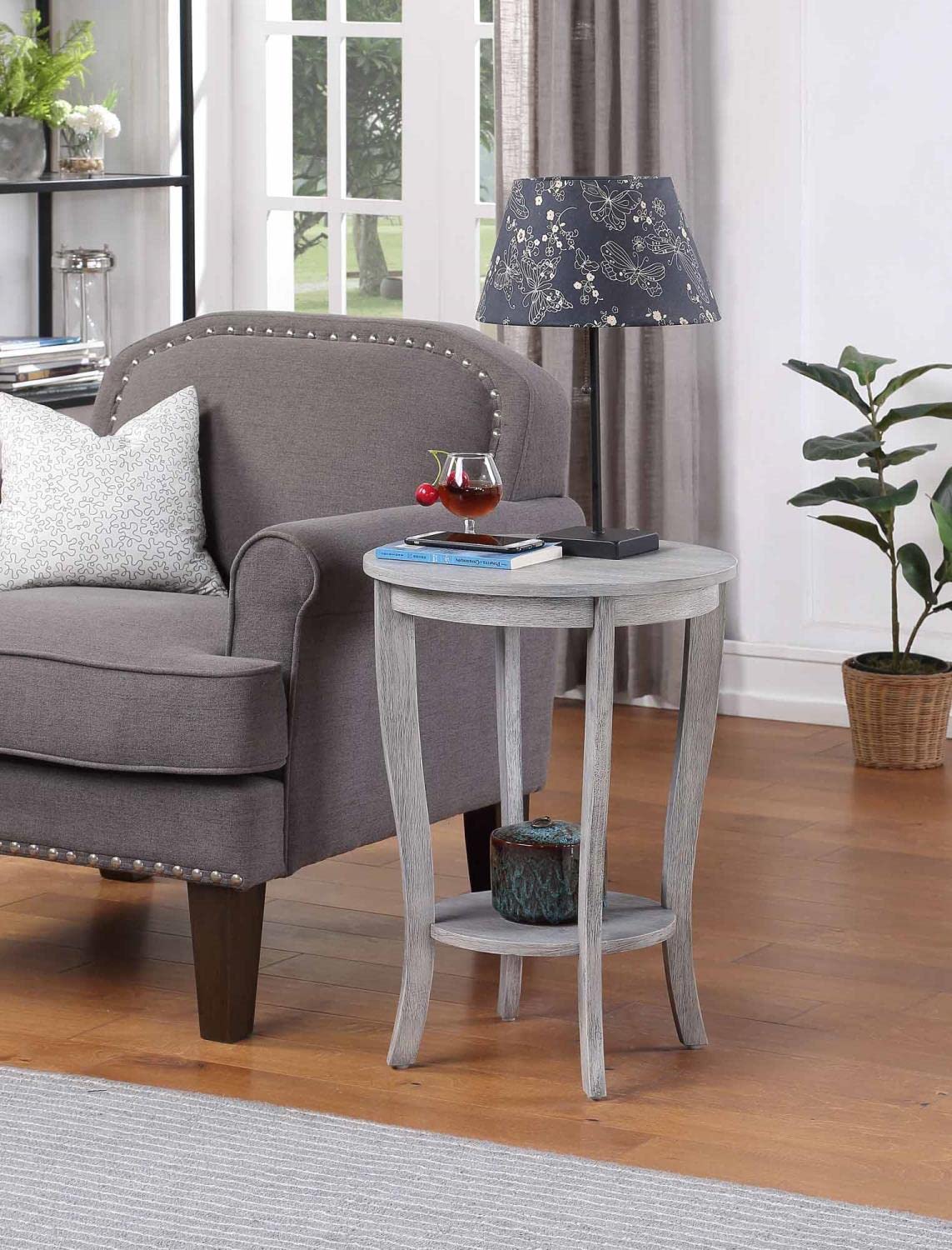 Convenience Concepts American Heritage Round End Table, Light Gray Wirebrush