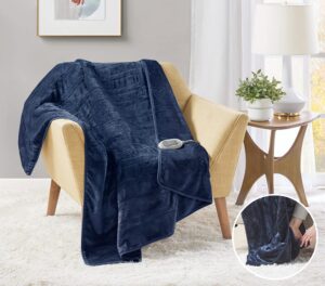 mp2 plush heated throw blanket with foot pocket for adults | electric pedi pockets blankets w/ 2 hour auto shut off | 3 heat levels for soreness relief | machine washable - 50"x 62", navy