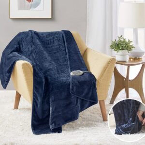 MP2 Plush Heated Throw Blanket with Foot Pocket for Adults | Electric Pedi Pockets Blankets W/ 2 Hour Auto Shut Off | 3 Heat Levels for Soreness Relief | Machine Washable - 50"X 62", Navy