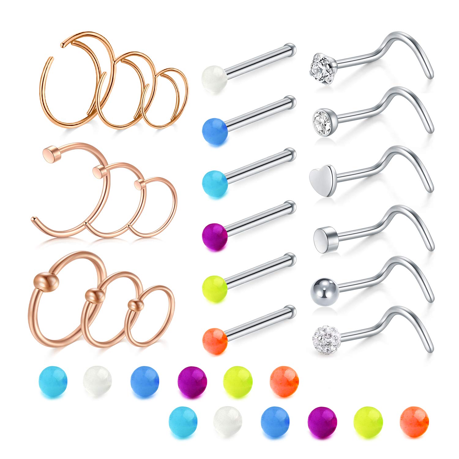 FECTAS 20g Nose Rings Hoop Surgical Steel Nose Studs Screw Nostril Piercing Piercing Ring Hoops Jewelry Set for Women Men 8/10/12mm