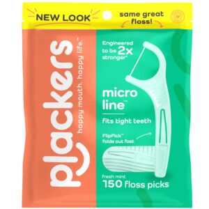 plackers micro line dental floss picks, fold-out flippick, tuffloss, easy storage with sure-zip seal, fresh mint flavor, 150 count