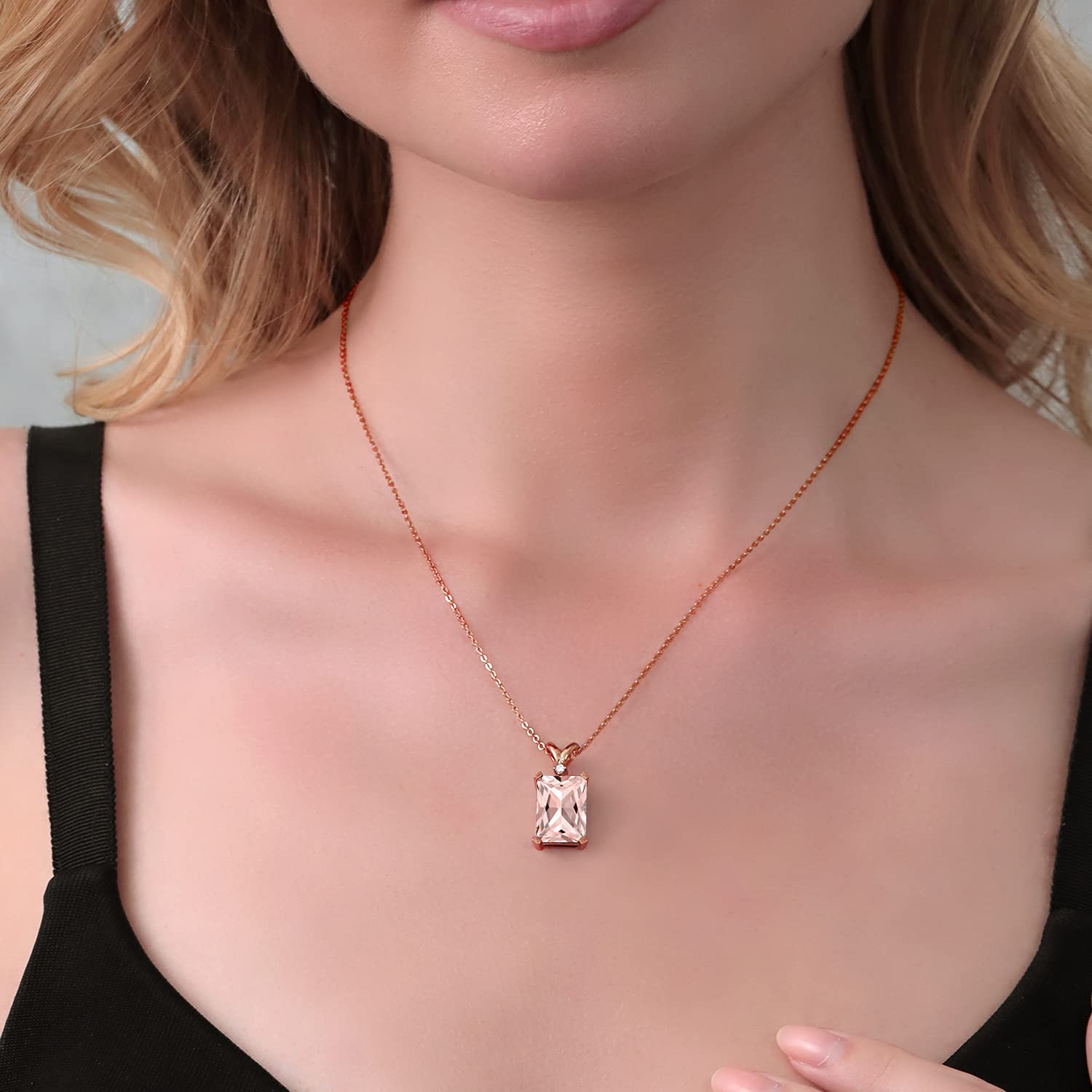 Gem Stone King Peach Nano Morganite and White Diamond 18K Rose Gold Plated Silver Pendant Necklace For Women (6.32 Cttw, with 18 Inch Chain)