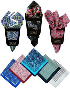 zenxus printed pocket squares 8-pack, plus 3 folds holder, penetrating printed men's handkerchiefs, sewn by hand