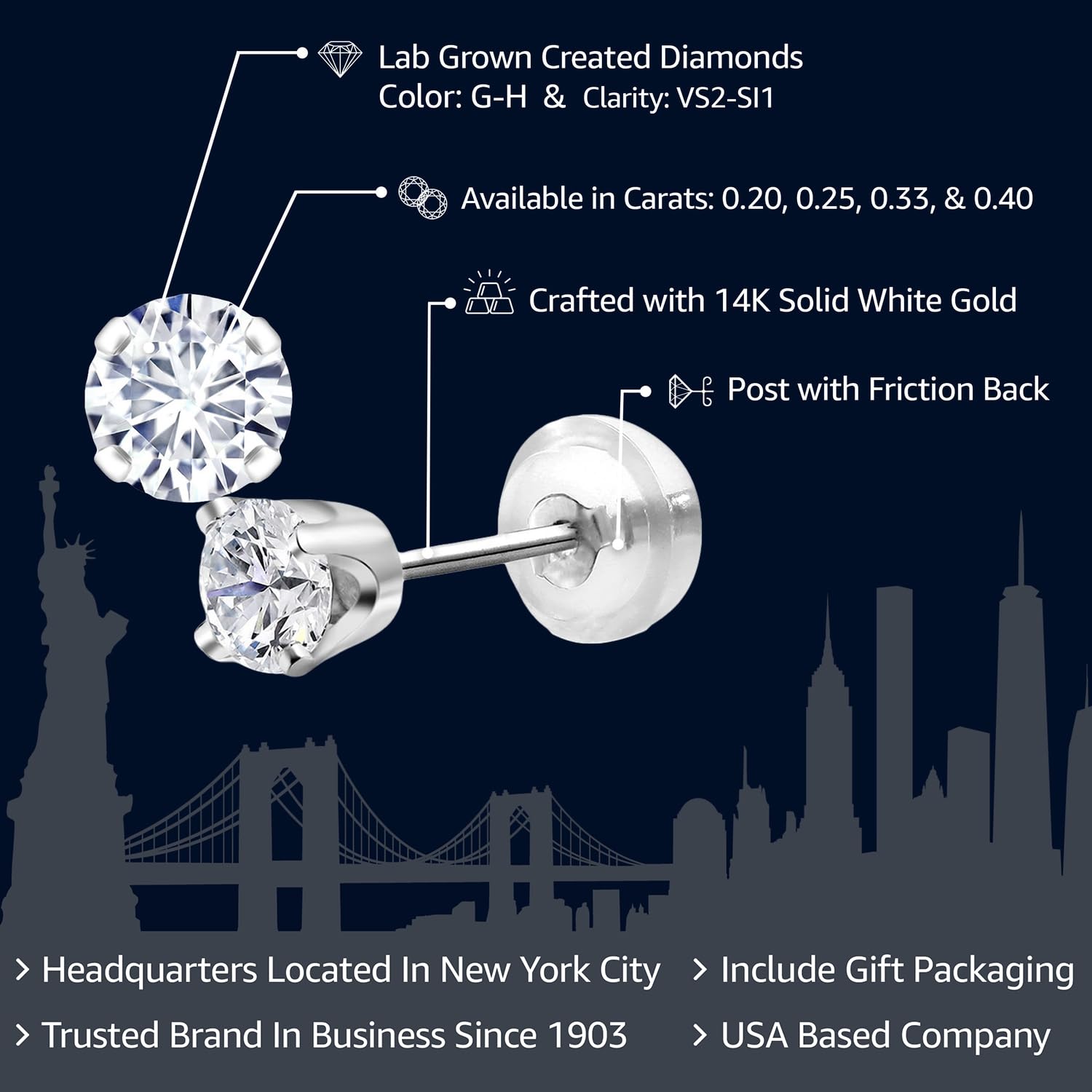 Gem Stone King 14K White Gold Lab Grown Diamond Stud Earrings | Gold Earrings For Women | G-H Color | VS2-SI1 Clarity