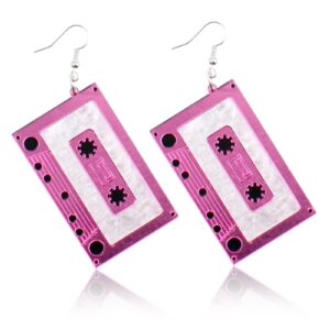 dfyouhome® 1980s fashion acrylic earrings for 80’s party women punk retro cassette crush colorful drop dangle party night club pretty (pink)