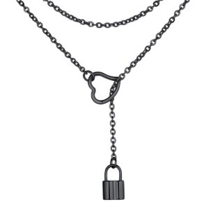 focalook black long necklaces for women y shaped lariat chain drop lock pendant necklace